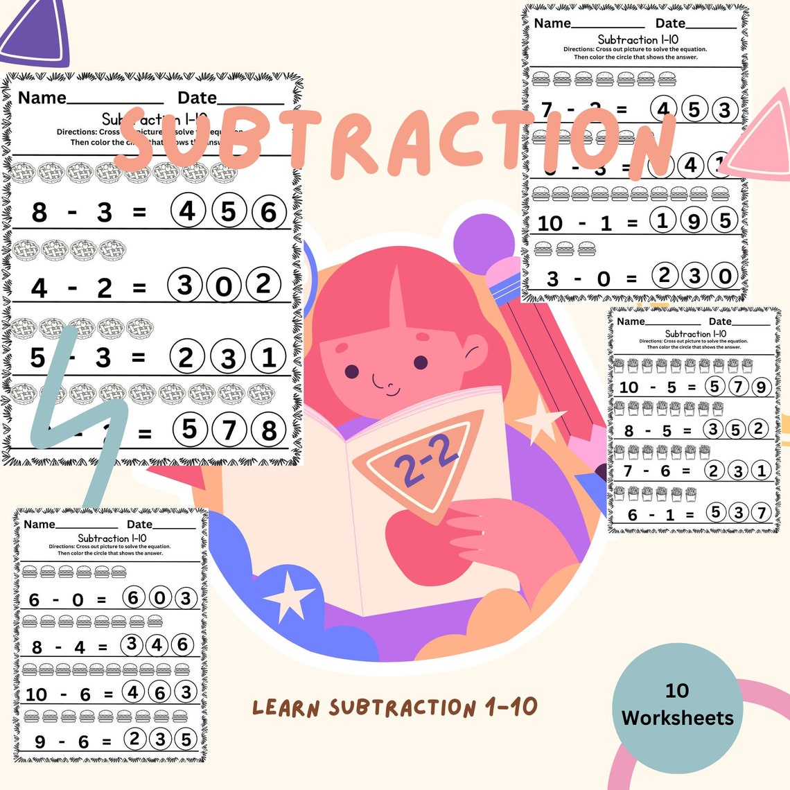 10 Worksheets Kindergarten Subtraction ,math Printable, Subtraction ...