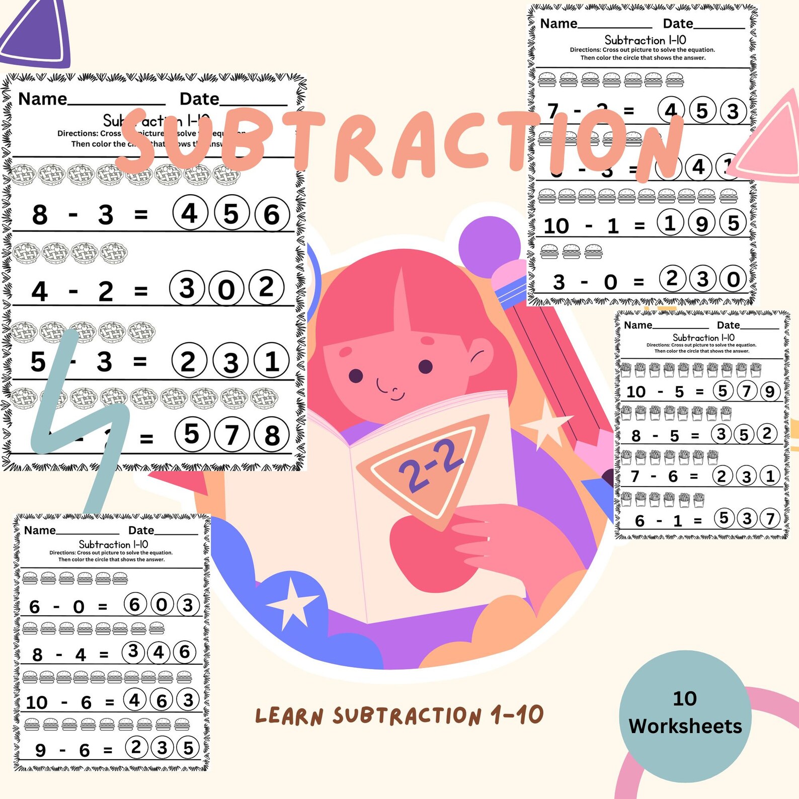10 Worksheets Kindergarten Subtraction ,math Printable, Subtraction ...