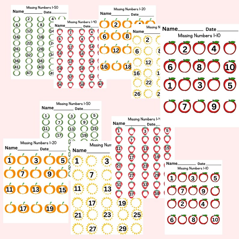 Kindergarten Count Missing Numbers 1-50 Worksheets Printable, Math ...