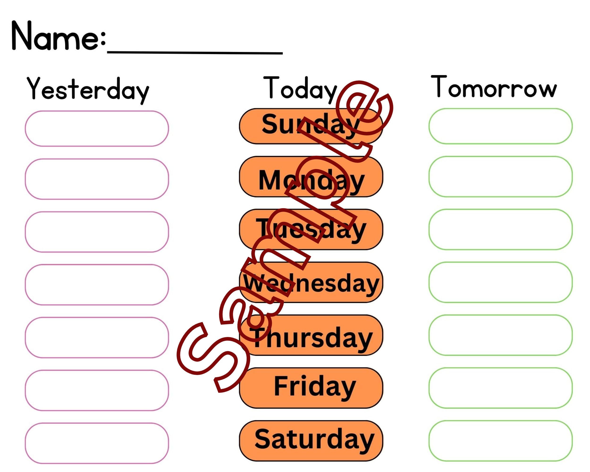Preschool Days of the Week Worksheets, Kindergarten Days/week Practice ...