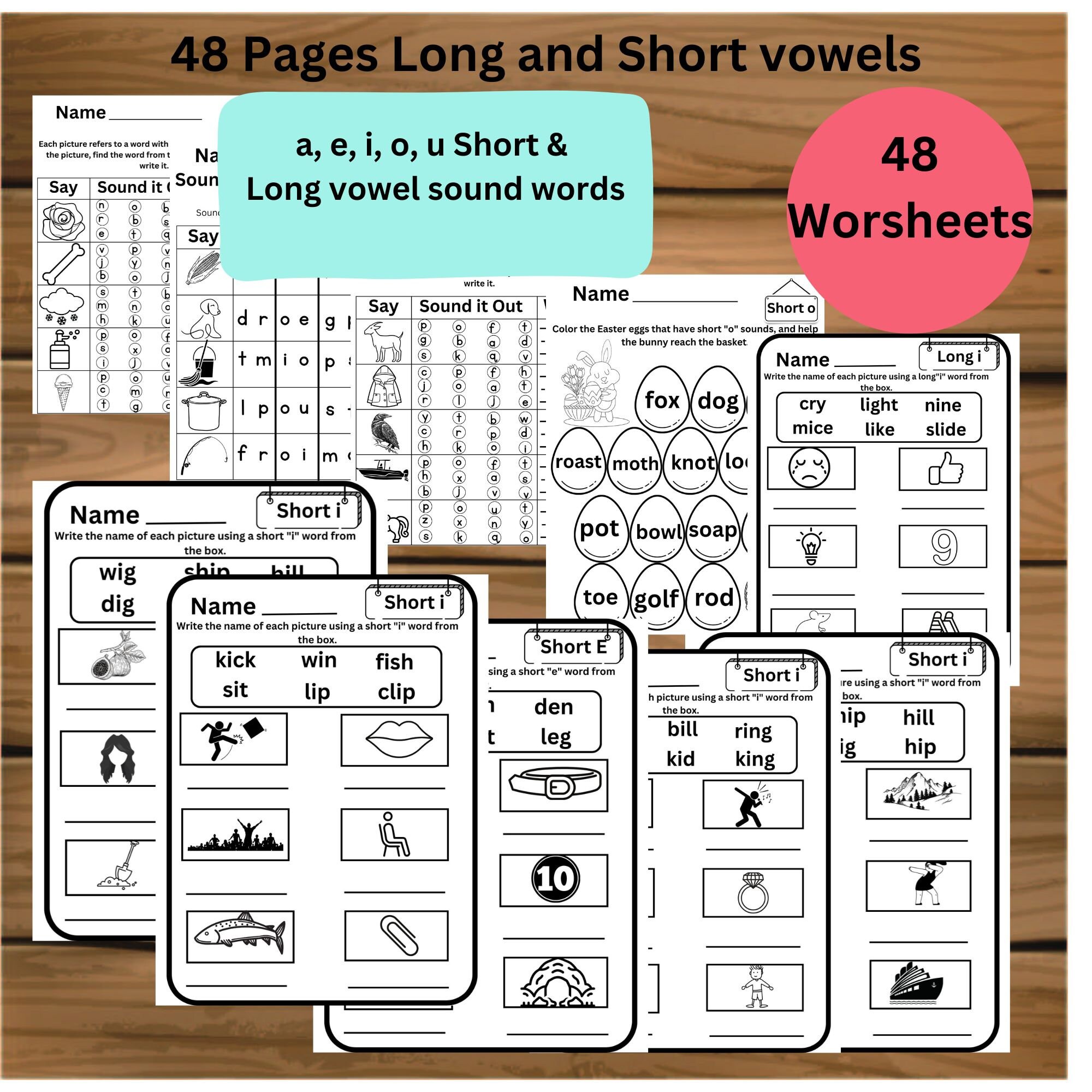 48 Pages of Short & Long "a,e,i,o,u" Vowel Sounds Worksheets for ...