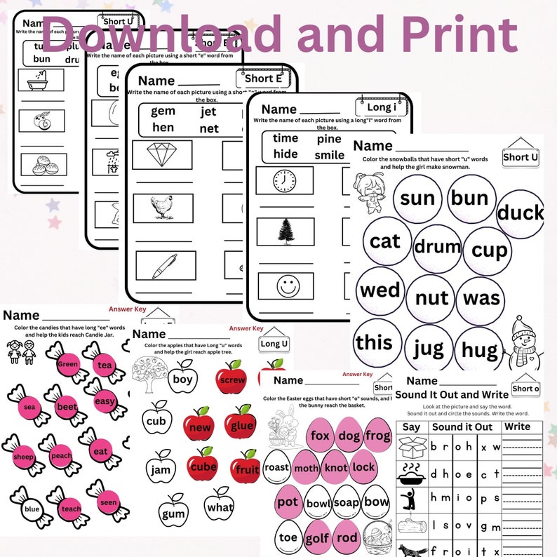 48 Pages of Short & Long a,e,i,o,u Vowel Sounds Worksheets for ...