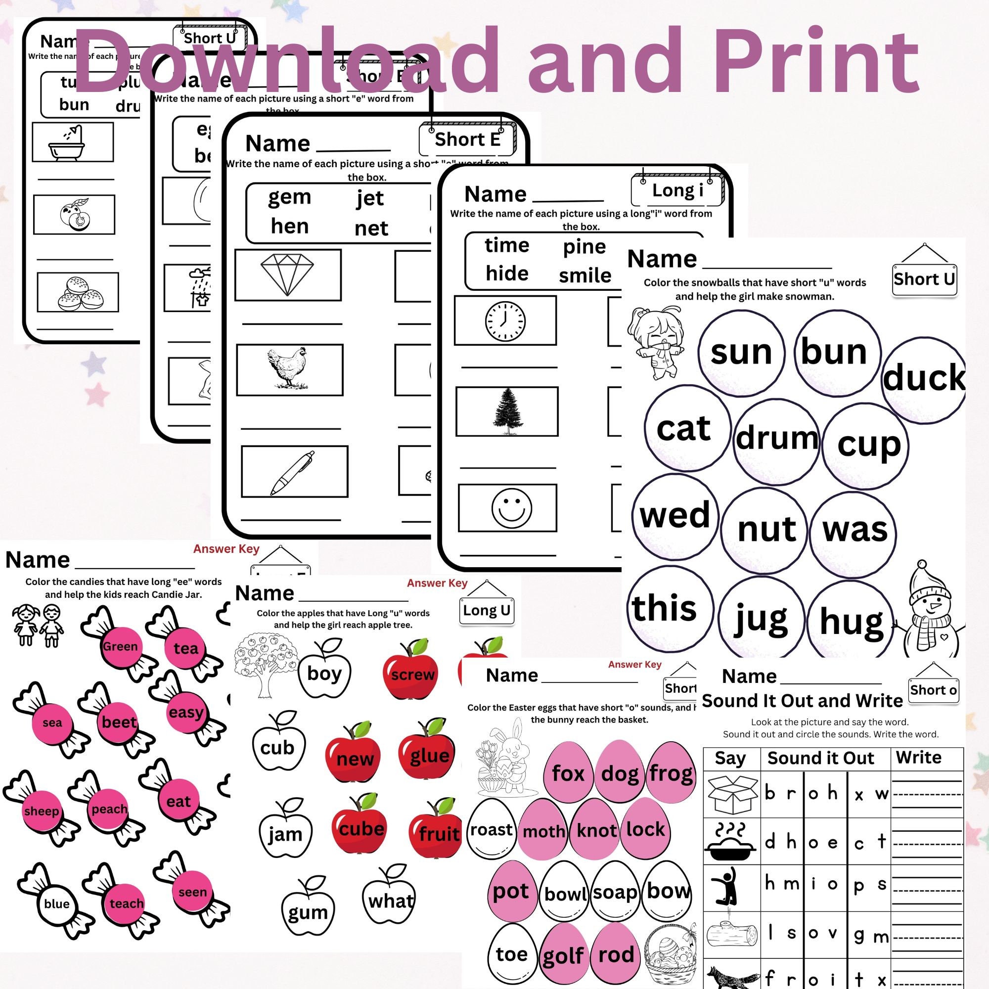 48 Pages of Short & Long "a,e,i,o,u" Vowel Sounds Worksheets for ...