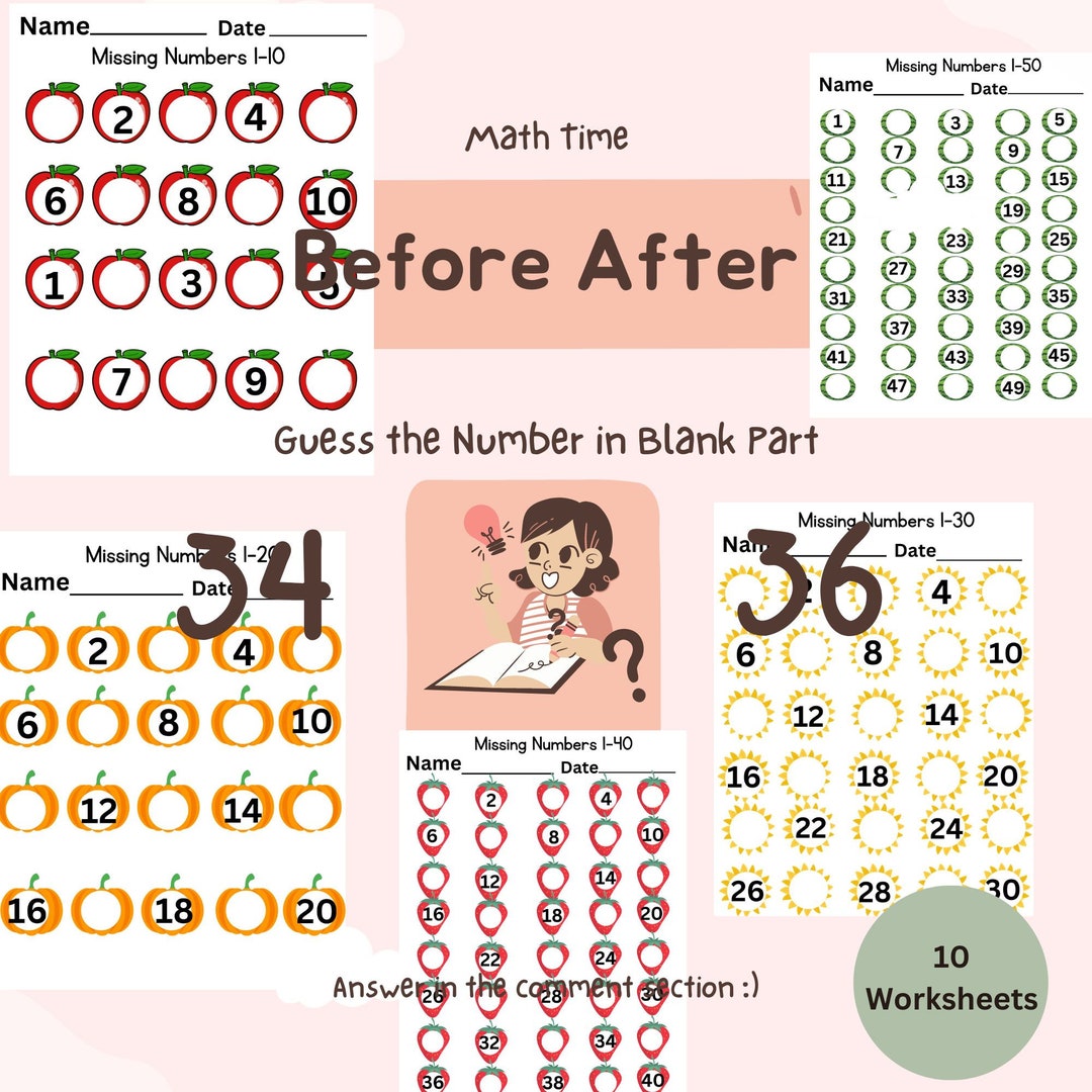 Kindergarten Count Missing Numbers 1-50 Worksheets Printable, Math ...