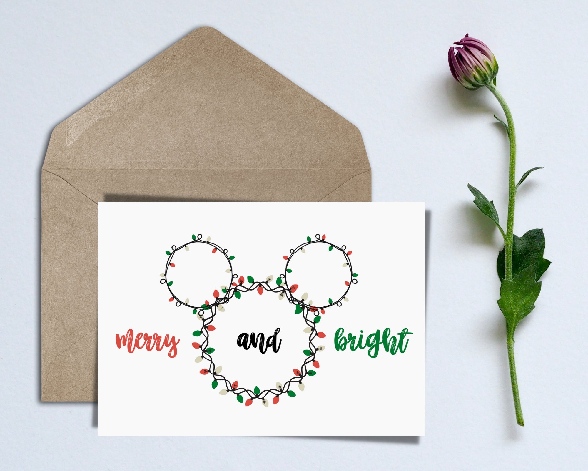 Merry and Bright Printable Christmas Card — mickey Christmas Lights ...