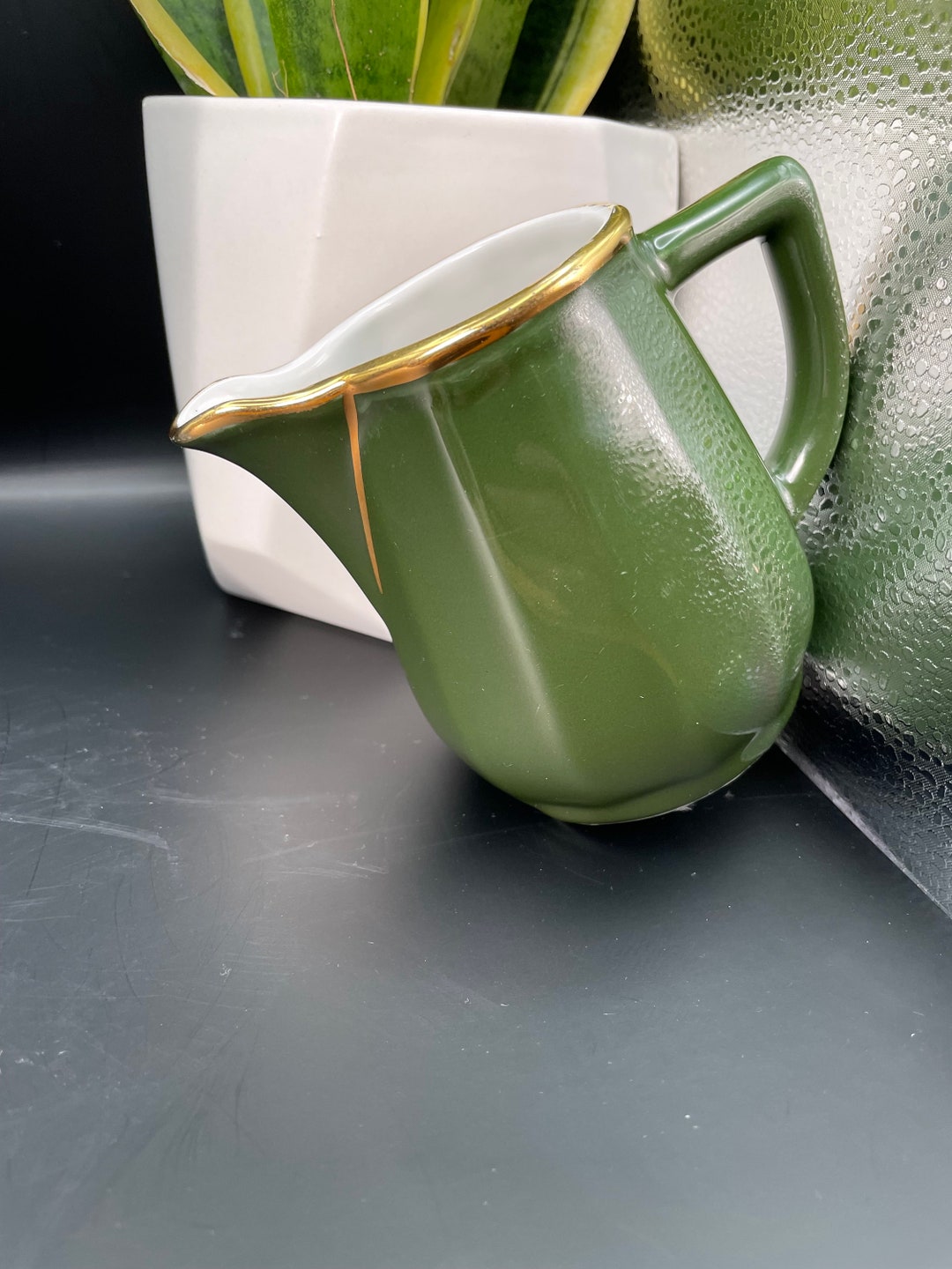 Vintage Apilco Green and Gold Milk /creamer Jug - Etsy