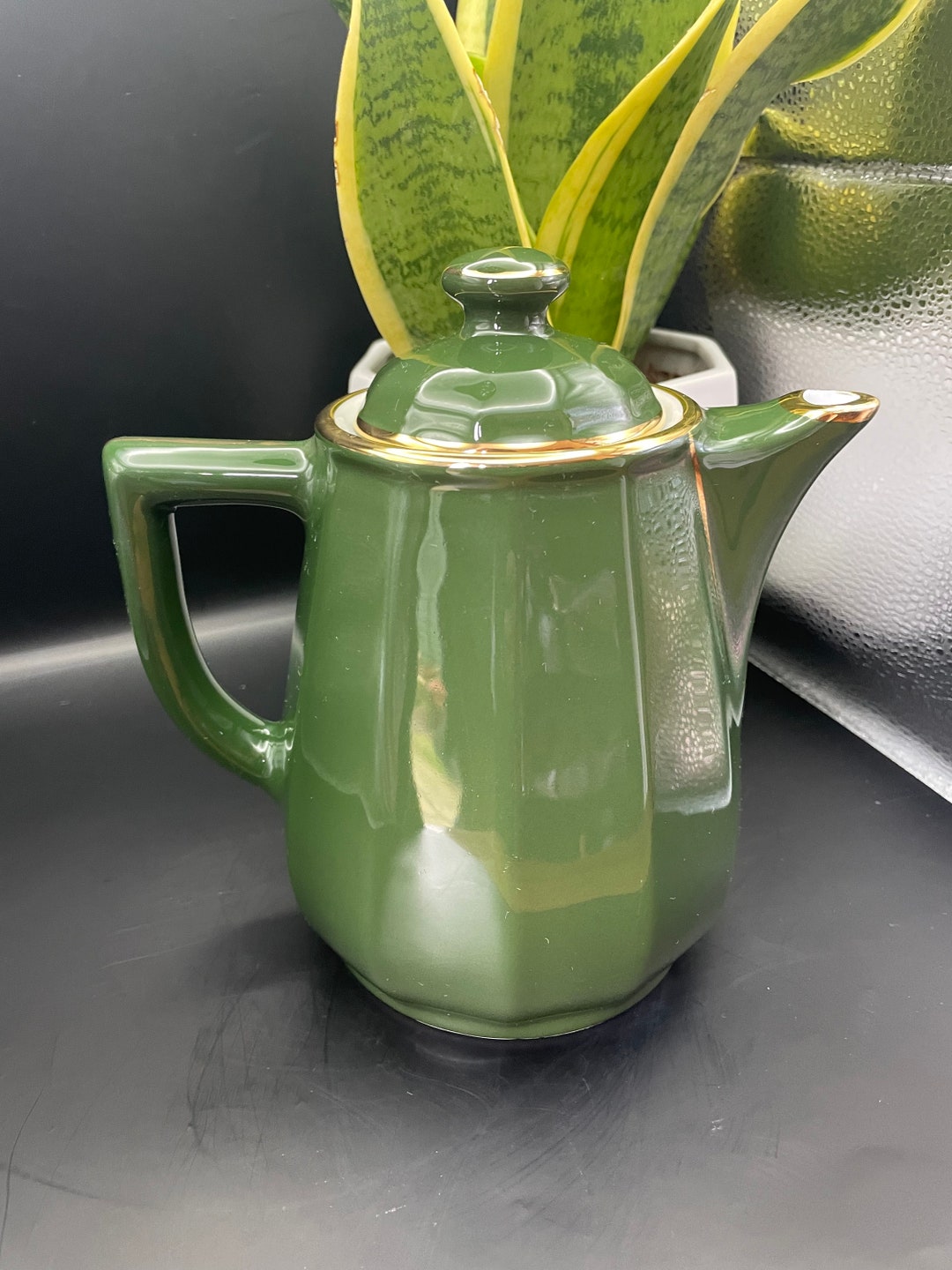 Vintage Apilco Green and Gold Coffee Pot - Etsy