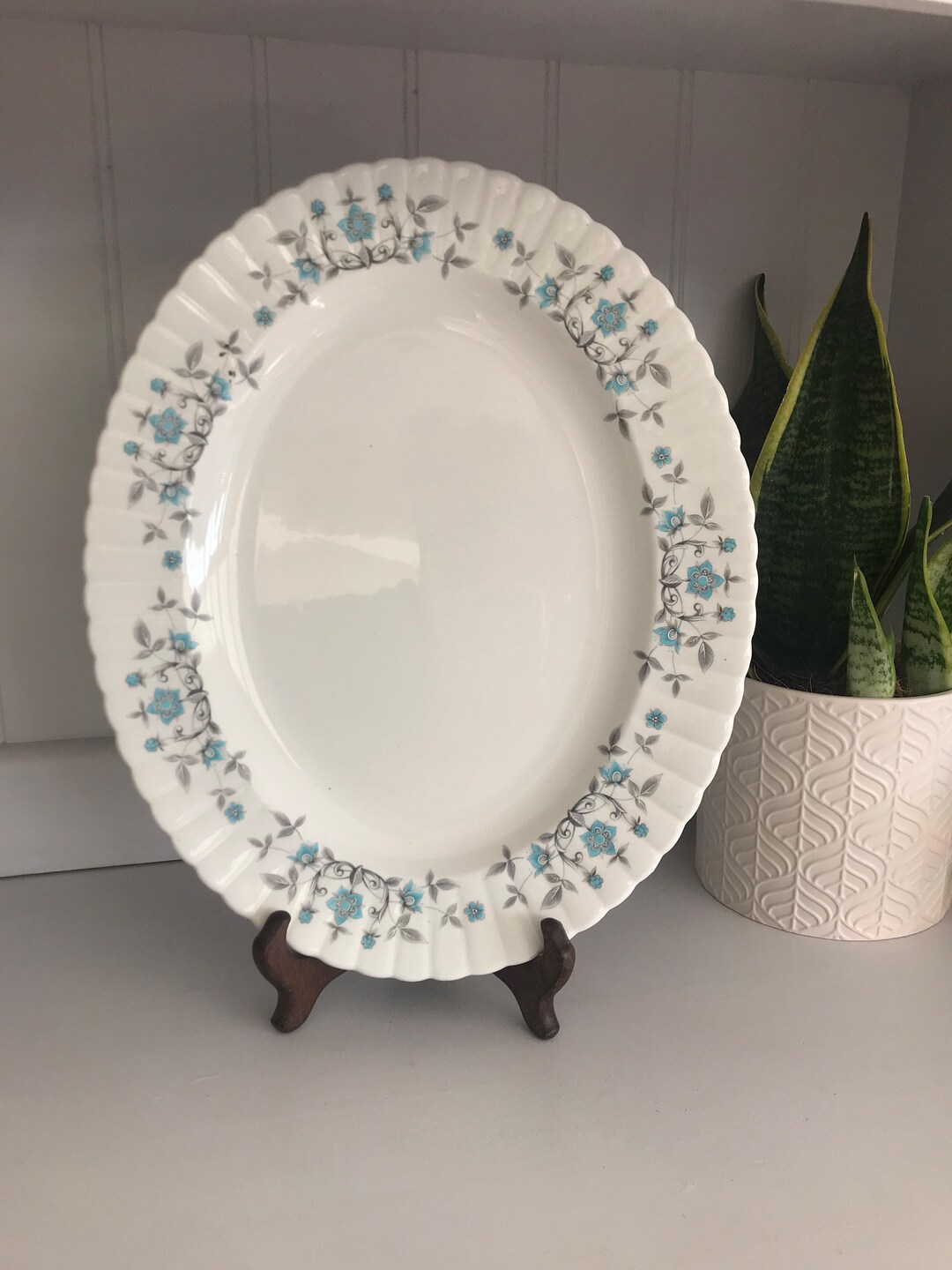 Vintage Mayfair Bone China Serving Platter: Blue Floral & Silver Leaf ...