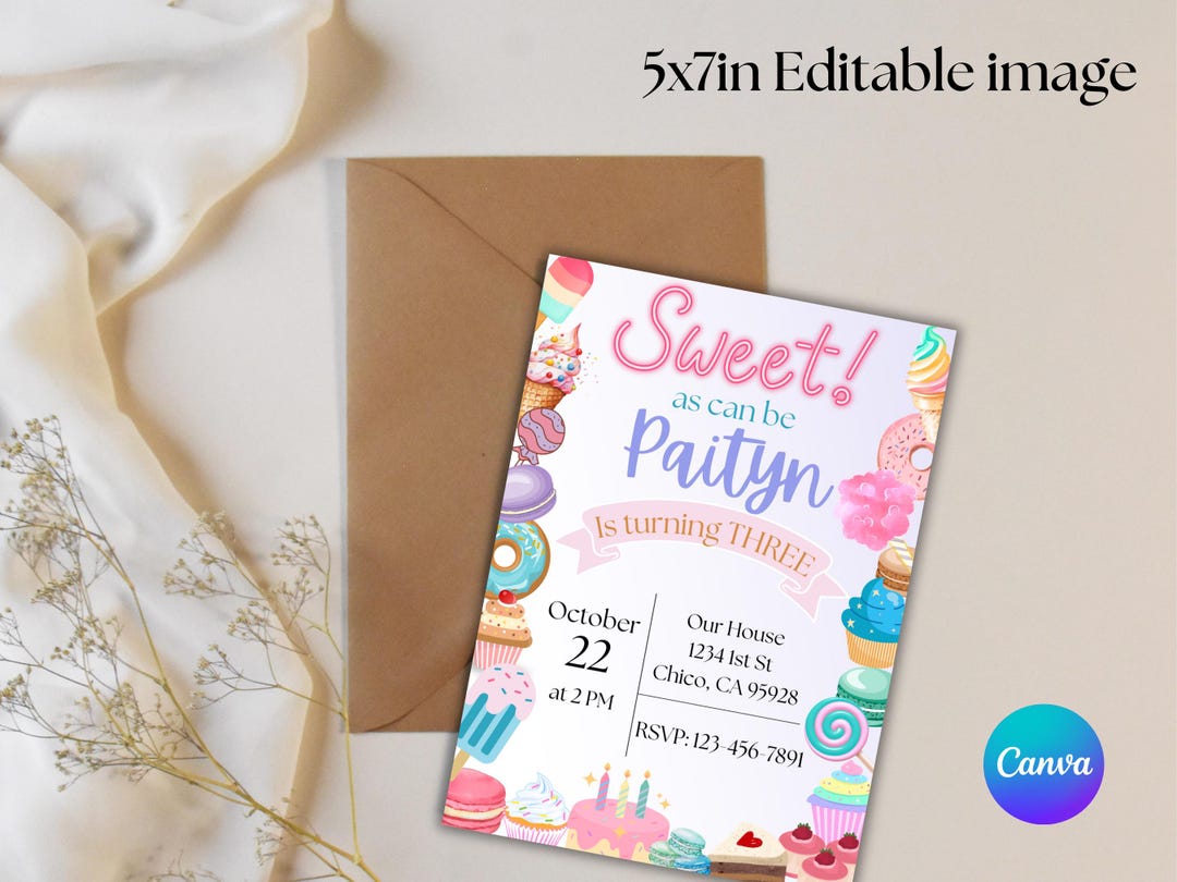 Editable Sweet as Can Be Turning Three Invitation | Treats | Sweats ...