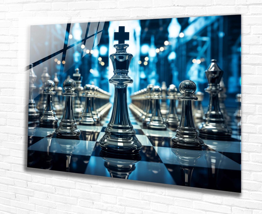 Tempered Glass Wall Art Abstract Blue Chess, Panoramic Wall Art,extra ...