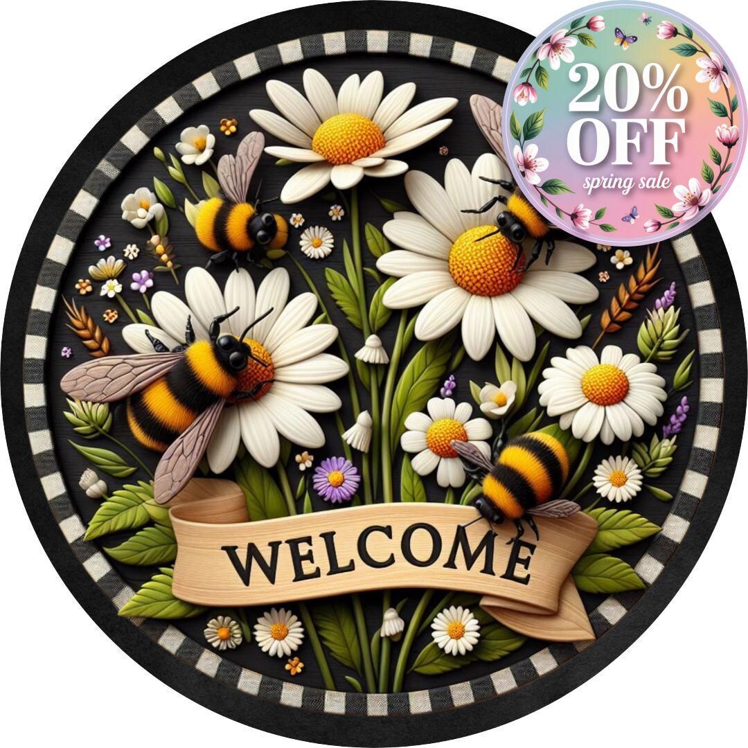 Welcome Bumble Bee Metal Sign - Farmhouse Decor - Daisy Floral Wall Art ...