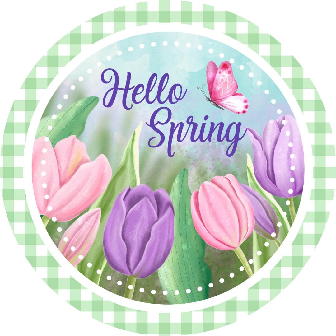 Hello Spring Tulip Sign, Pastel Butterfly Metal Sign, Green Gingham ...