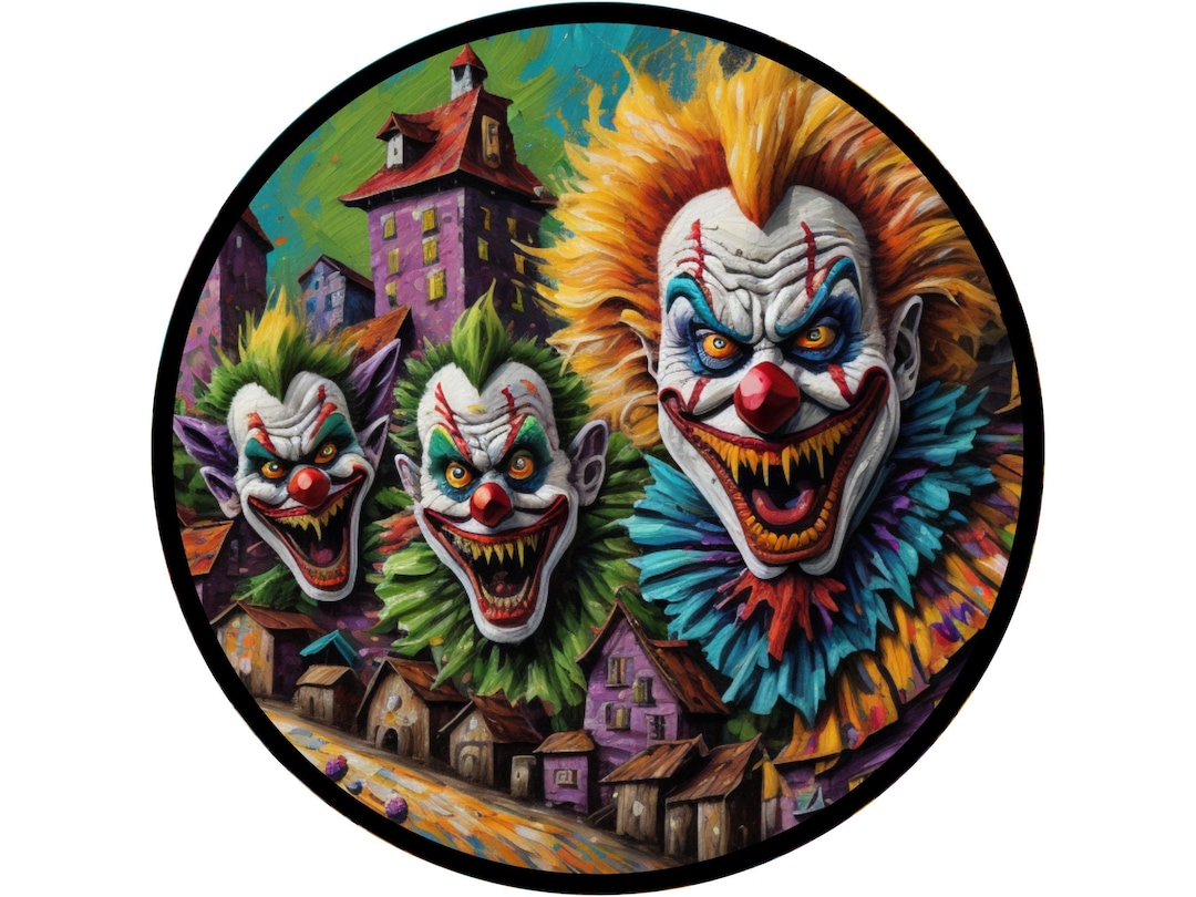 Scary Painted Killer Clown Faces Terrorizing a Village Wreath Sign ...