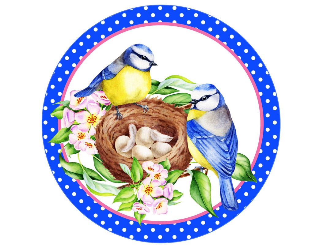 Blue Birds With Eggs and Nest Spring Wreath Sign, Floral Birds and Nest ...
