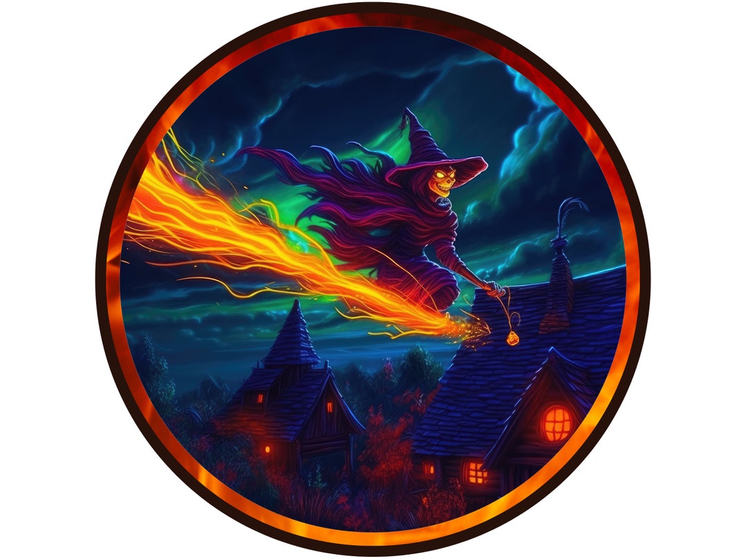 Wicked Witch Flying Fire Broom Sign, Scary Witch Flying Over ...
