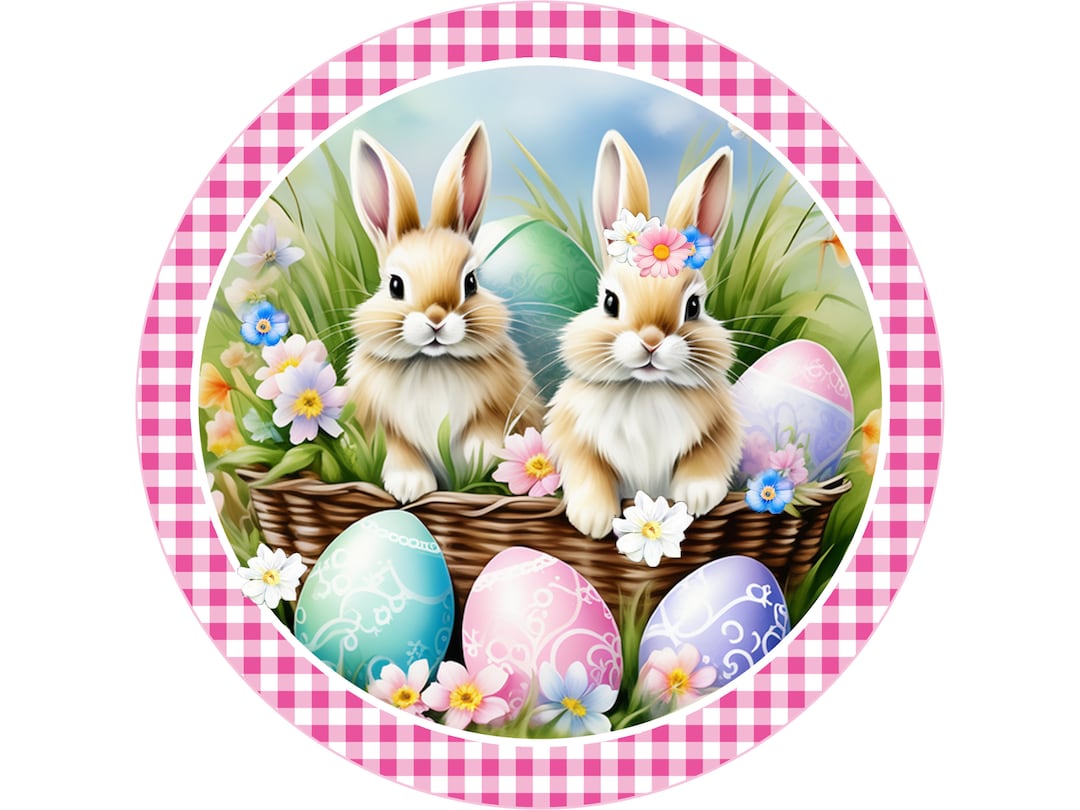 Pink Check Spring Pastel Bunnies With Flowers in a Basket Metal Wreath ...