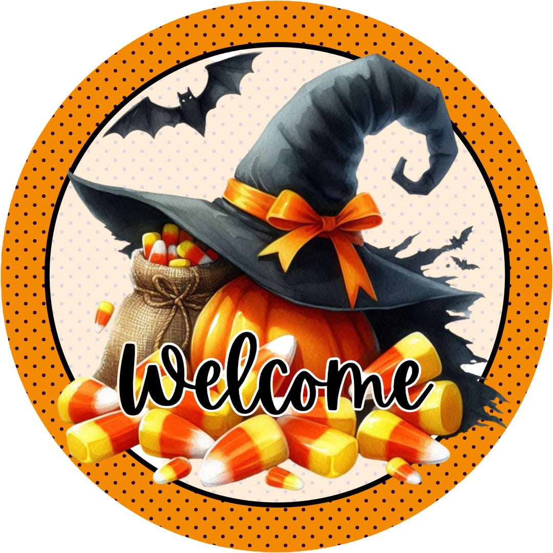 Candy Corn Welcome Sign, Halloween Witch Hat Wreath Sign, Fall Door ...