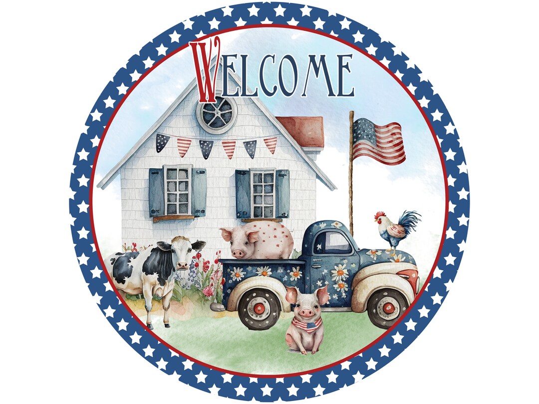 Farmhouse Patriotic Farm Scene Wreath Sign, Farm With Animals Wall Art ...