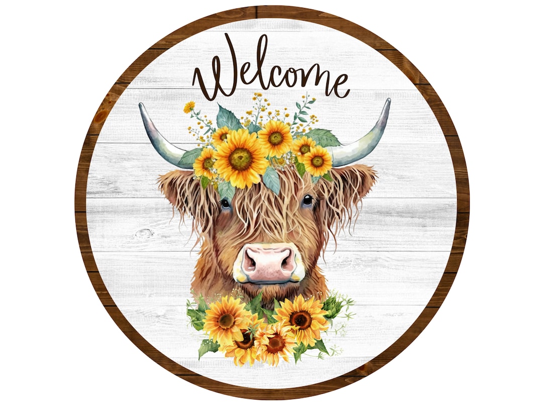 Sunflower Shiplap Highland Cow Welcome Wreath Sign, Highland Cow ...