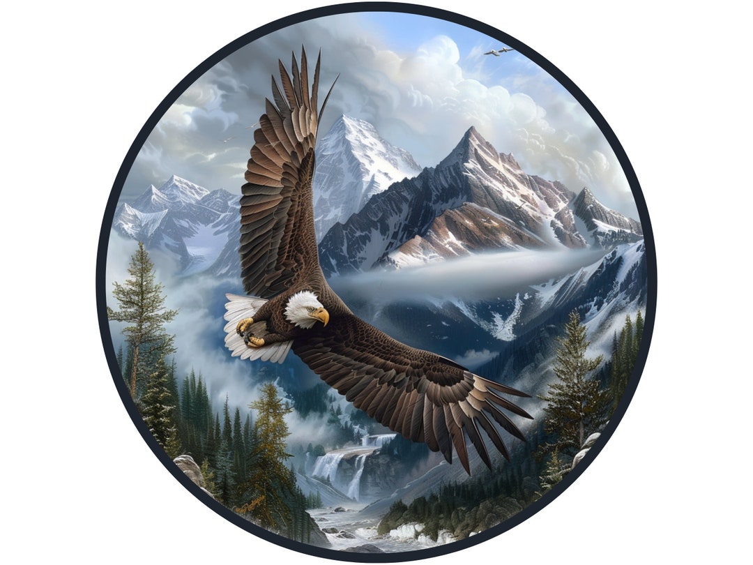 Bald Eagle Flying in Mountains to the Right Wreath Sign, American Bald ...