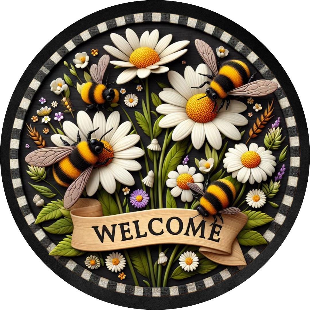Welcome Bumble Bee Metal Sign - Farmhouse Decor - Daisy Floral Wall Art ...