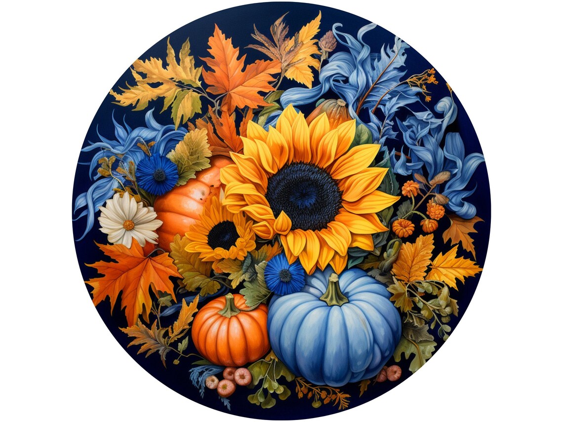 Blue and Orange Floral Pumpkin Sign, Metal Fall Decor, Sunflower ...