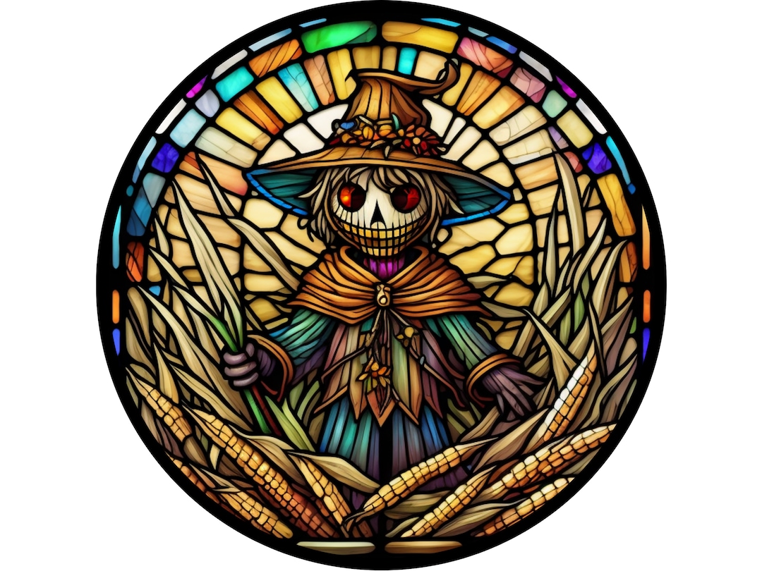 Stained Glass Scary Scarecrow in a Corn Field Halloween Sign, Sign for ...