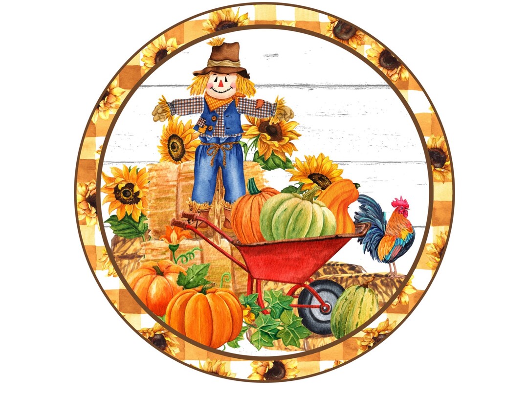 Autumn Scarecrow Wheelbarrow Pumpkin Wreath Sign, Fall Pumpkin Wreath ...