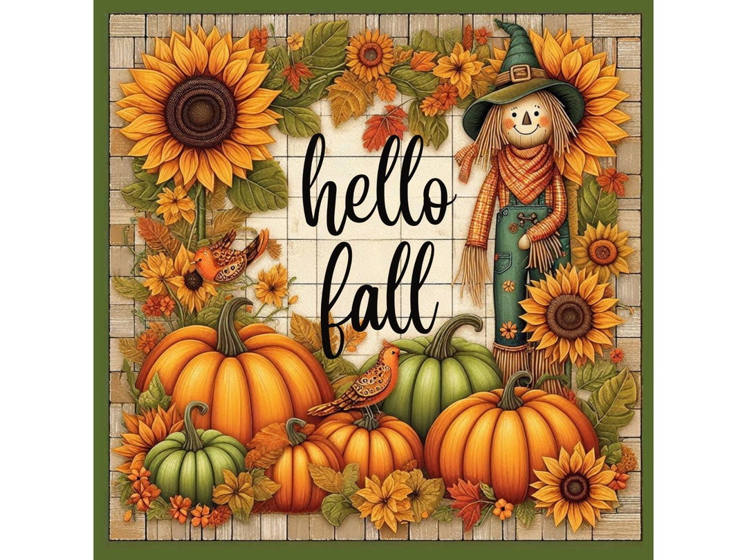 Hello Fall Scarecrow Sign, Metal Autumn Decor, Sunflowers and Pumpkins ...