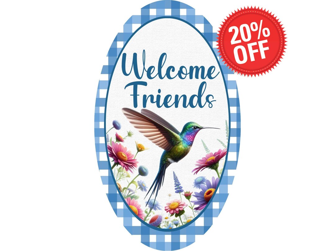 Welcome Friends Floral Hummingbird Sign Gingham Blue Oval Wall Art ...