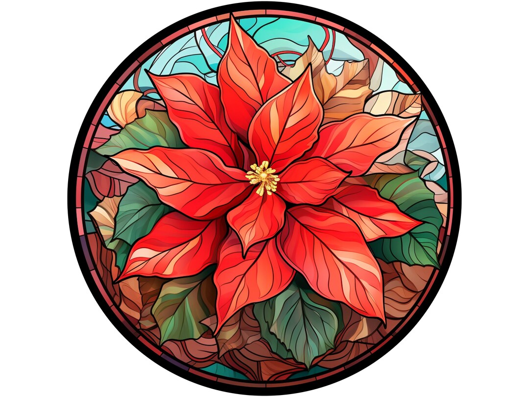 Christmas Poinsettia Stained Glass Sign, (4), Poinsettia Stained Glass ...