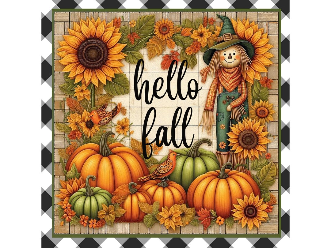 Hello Fall Scarecrow Sign, Metal Autumn Decor, Sunflowers and Pumpkins ...
