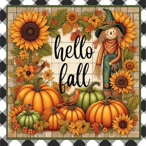 Hello Fall Scarecrow Sign, Metal Autumn Decor, Sunflowers and Pumpkins ...