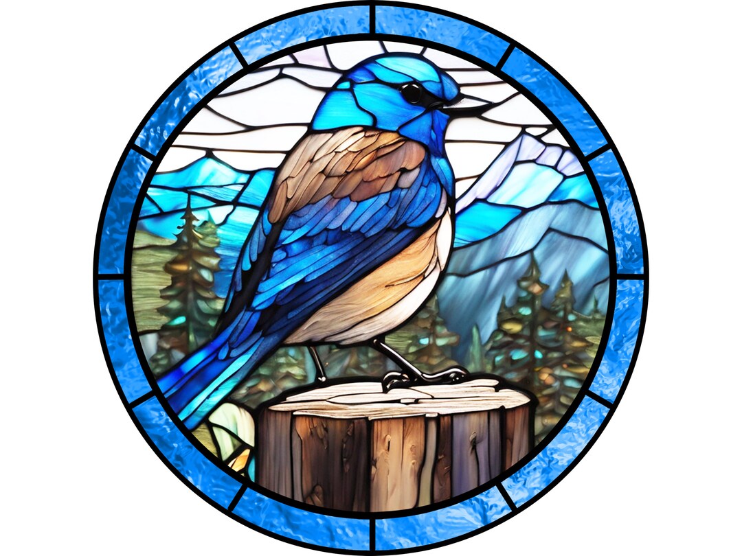 Stained Glass Church Window Blue Bird Wreath Sign, Bird Resting on Tree ...