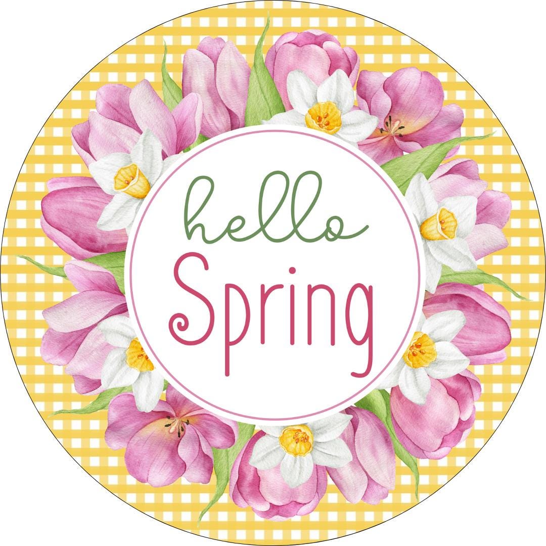 Hello Spring Metal Wreath Sign With Pink Tulips and Daffodils, Yellow ...