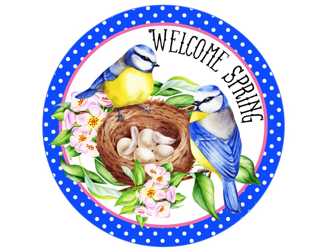 Blue Birds With Eggs and Nest Spring Wreath Sign, Floral Birds and Nest ...