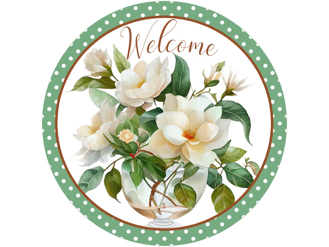 Welcome Magnolia in Glass Vase Metal Wreath Sign, Polka Dot Magnolia ...