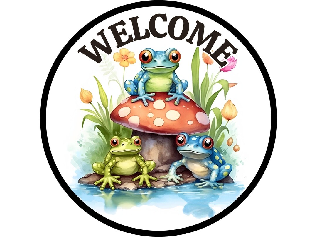 Frogs on a Mushroom in a Pond Welcome Wreath Sign, Spring Toads on a ...