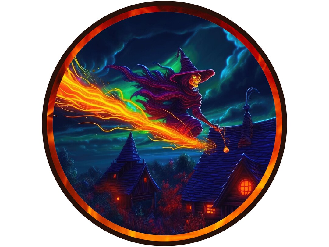 Wicked Witch Flying Fire Broom Sign, Scary Witch Flying Over ...
