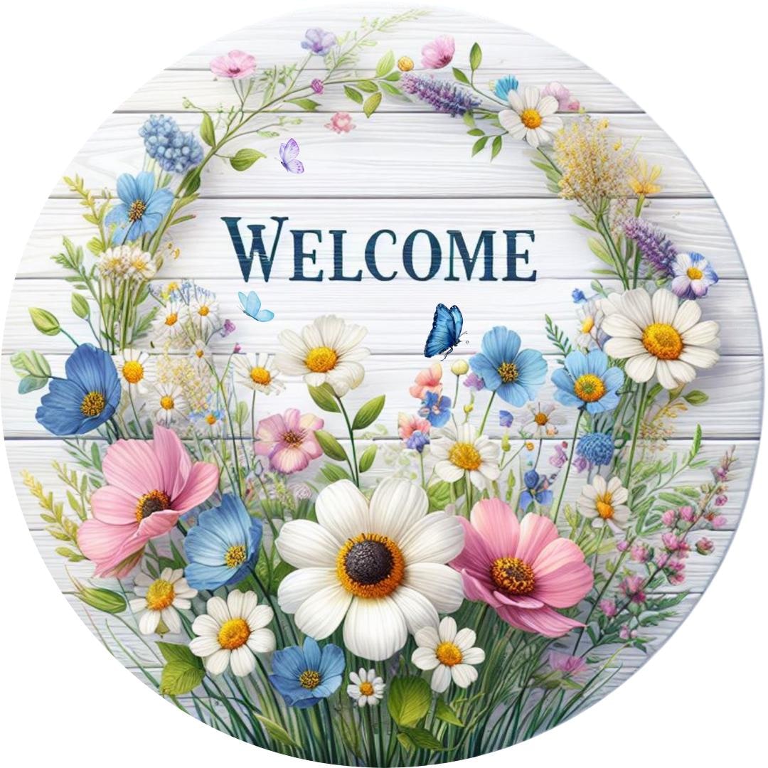 Wildflower Welcome Sign, Rustic Floral Door Hanger, Farmhouse Entryway ...