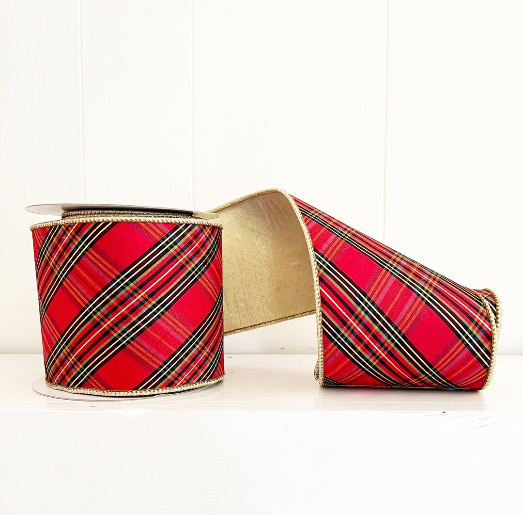 Luxury Designer Red Metallic Tartan Gold Double Fused Double Sided ...
