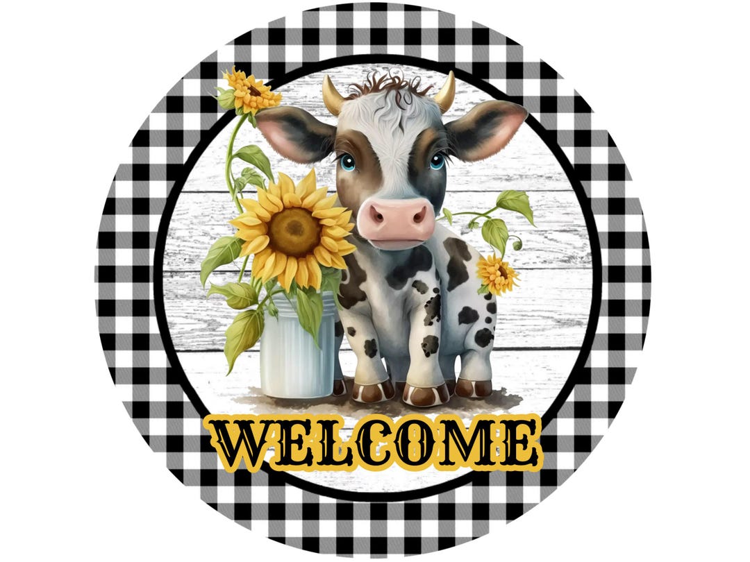 Sunflower Shiplap Baby Cow Welcome Wreath Sign, Buffalo Check Young Cow ...