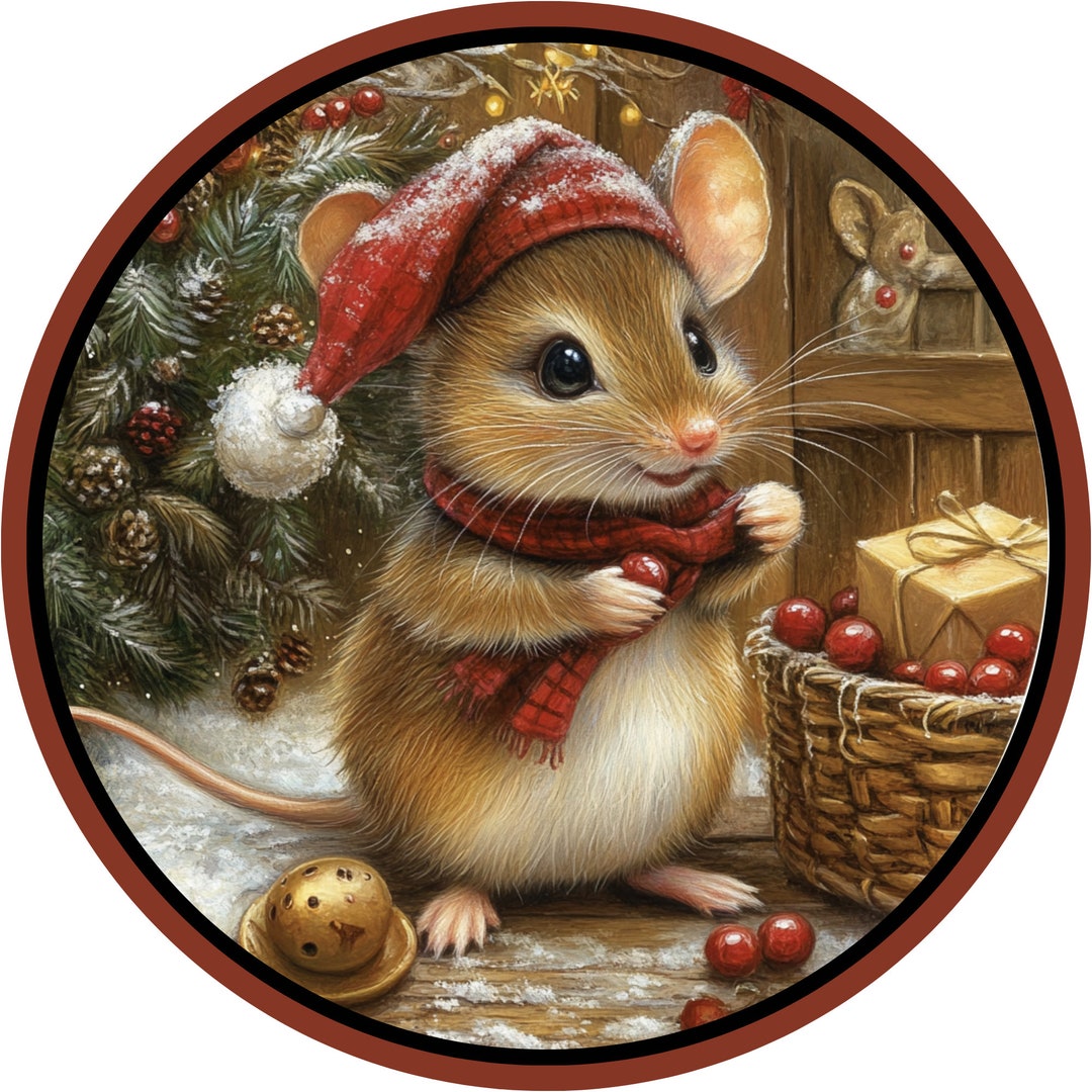 Christmas Mouse Hat Scarf Sign, Adorable Winter Holiday Decor, Rustic ...