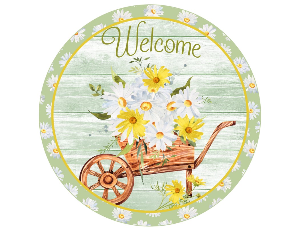 Green and White Daisy Wheelbarrow Spring Sign, Farmhouse Shiplap Yellow ...