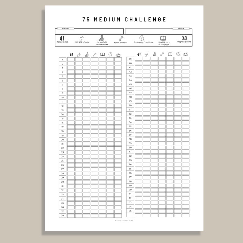 75 Medium Challenge, 75 Day Challenge Printable, 75 Medium Tracker ...