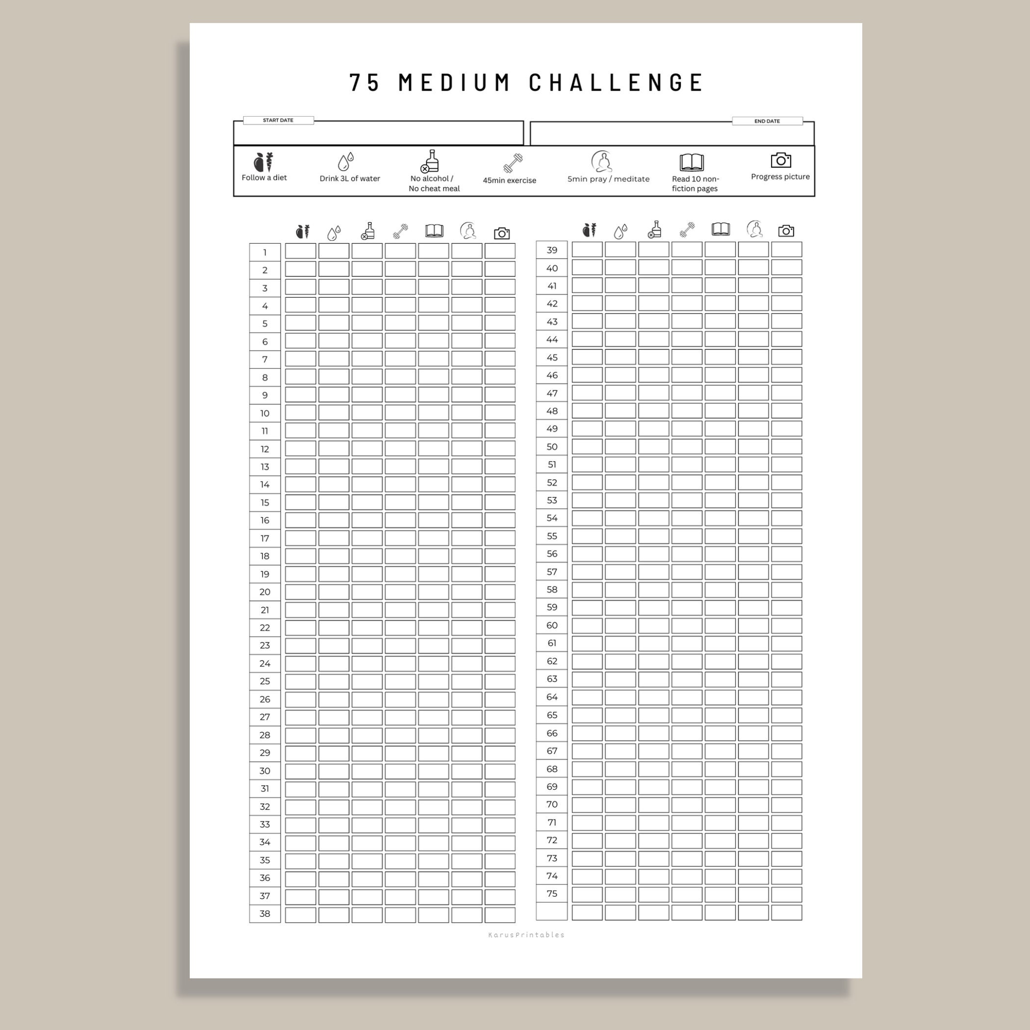 75 Medium Challenge, 75 Day Challenge Printable, 75 Medium Tracker ...