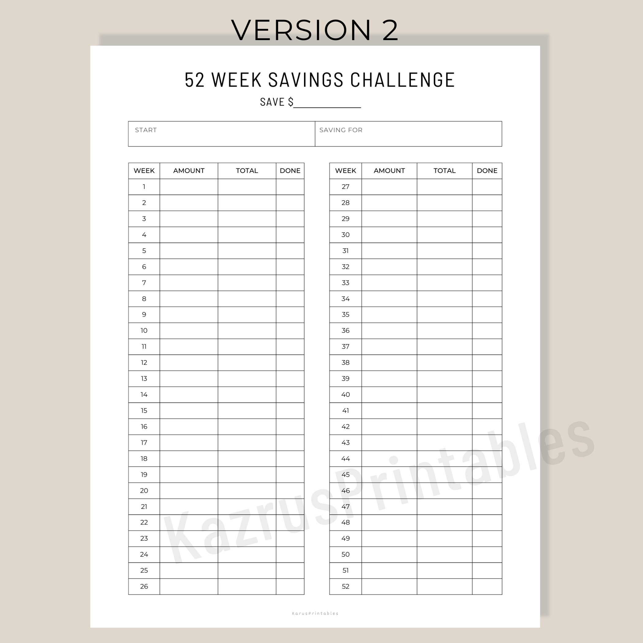 52 Week Savings Challenge Money Challenge Money Saving - Etsy Canada