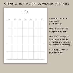 Blank Calendar Template, Monthly Calendar Printable, Weekly Planner - Etsy