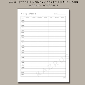 Half Hour Weekly Schedule Weekly Planner Printable Undated - Etsy