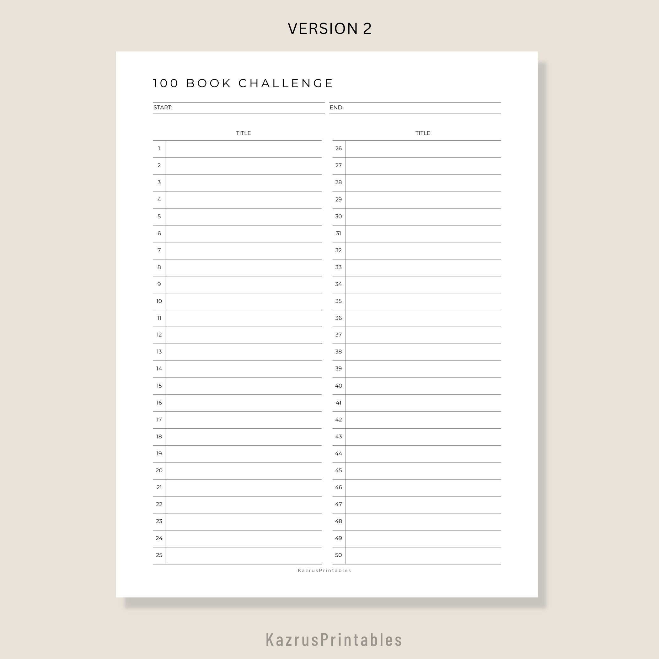 100 Book Challenge Printable, Reading Tracker Printable - Etsy